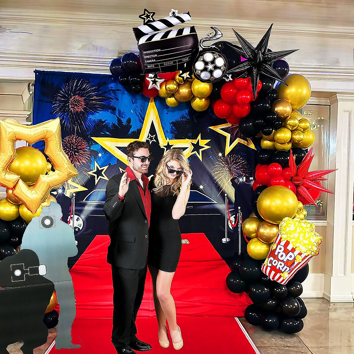 Movie Night Themed Balloon Garland Arch Set 119pcs Red Black Gold with Mylar Camera Stars Popcorn Movie Clapperboard Balloons for Birthday Movie Theme 2025 Graduation Party Decorations