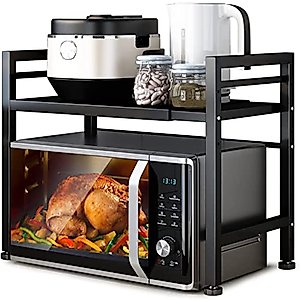 Microwave Oven Rack, Expandable Microwave Stand Countertop Kitchen Utensils Tableware Storage, Carbon Steel Over Microwave Shelf Countertop with 3 Hooks (2 Tier(17IN))