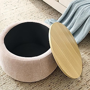 Kakotito Modern Round Storage Ottoman with Wooden Lid,Circle Ottoman Handmade Ottoman Coffee Table,End Table & Footstool for Living Room (Pink)