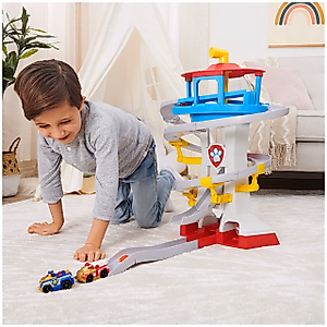 Paw Patrol Adventure Bay Lookout Tower Playset With 2 Die-Cast 1:55 Vehicles (Chase and Marshall): Twin Track Rescue Way 25 Pc Set With Launching Periscope - Accommodate Up to 6 True Metal Racing Cars