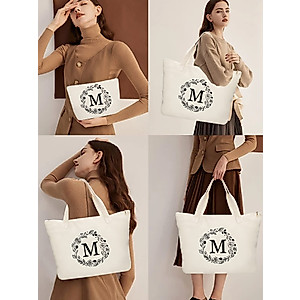 Binggemen Personalized Initial Canvas Tote Bag with Zipper, Present Bag with Inner Pocket & Make Up Bag, Great Gifts for Women, Mom, Teachers, Friends, Bridesmaids