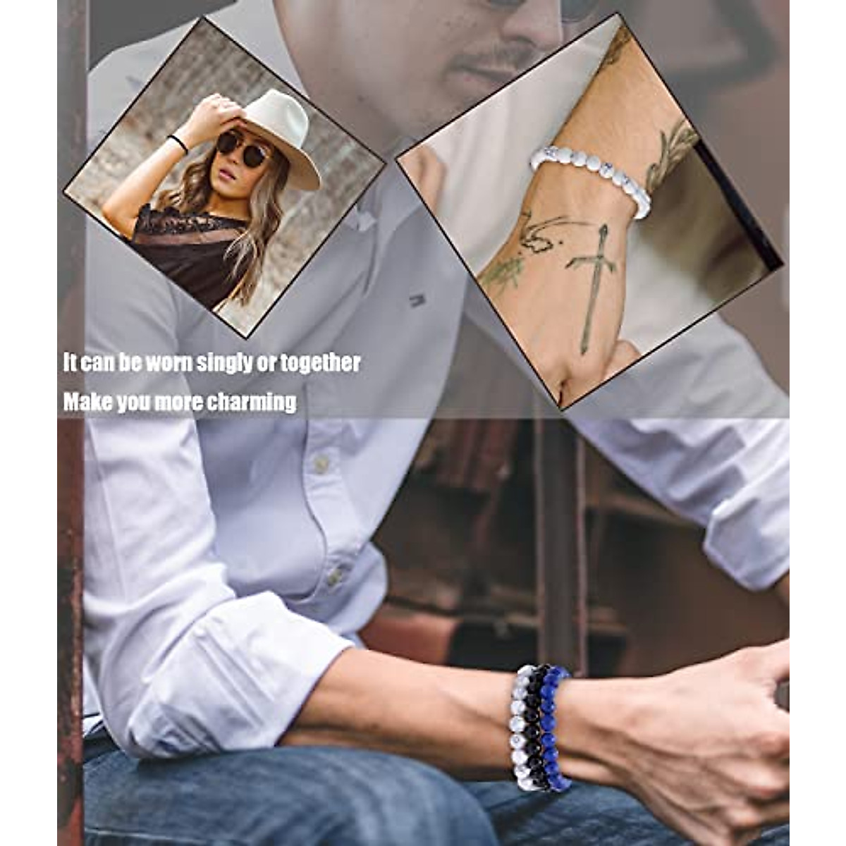 BOMAIL 3PCS Semi-Precious Gemstone Bracelet - Healing Crystal Stone Beaded Bracelets for Women Men 8mm Round Beaded Stretch Bracelets Unisex Stress Relief Yoga Bracelets Gifts