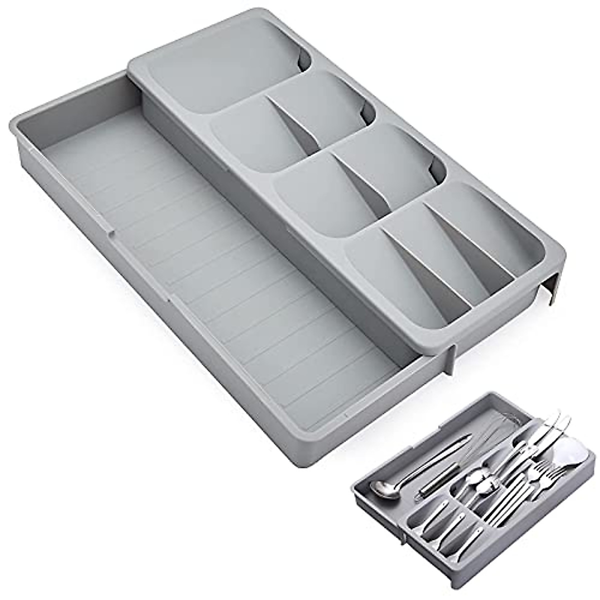 ORIJOYNA Kitchen Flatware Organizers - Drawer Organizer Tray Box Cutlery Expandable Organizer - for Kitchen Drawer Holding Flatware Spoons, Forks, Spatula (Grey)