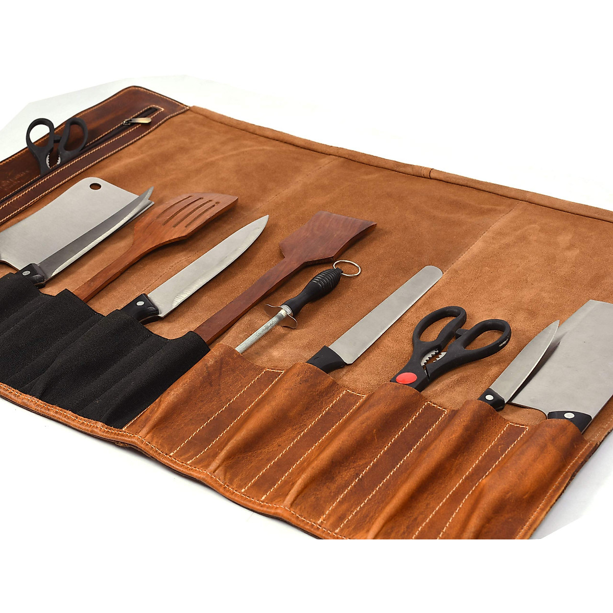 Tolredo Top Grain Buffalo Leather Chef Knife Roll Case 10 Slot and 1 Zipper Pocket for Culinary Storage Portable Bag with Detachable Shoulder Strap (Walnut, 29.5" X 20")
