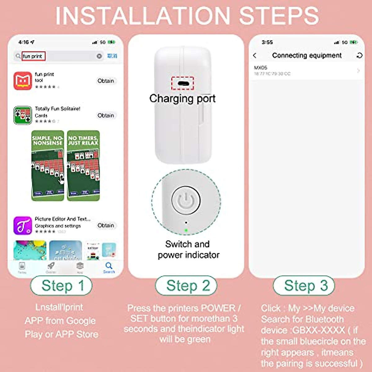 NINEFOX Portable Thermal Printer, Pocket Printer with 13 Rolls Paper Bluetooth Wireless Smart Printer Compatible with iOS + Android for Photo Office Label Study Notes Kids Gift