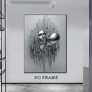 3d Metal Effect Wall Art Abstract Couple Picture Silver Metal Painting Couple Hugging Wall Art Modern Love Poster Couple Metal Canvas Painting for Living Room Bedroom Wall Decor 16x24inch No Frame