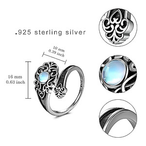 Moonstone Spoon Ring 925 Sterling Silver Open Adjustable Ring Oxidized Victorian Vintage Flower Thumb Rings for Women