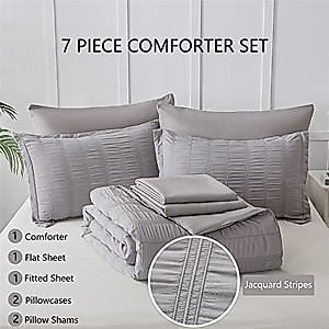KAKIJUMN Grey Comforter Set King Size, 7 Piece Bed in a Bag Seersucker Comforter and Sheet Set, All Season Soft Microfiber Complete Bedding Set(Grey,King)