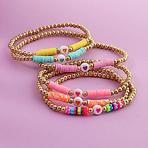 COLORFUL BLING 6Pcs/Pack Gold Beaded Bracelet Rainbow Vinyl Disc Ball Srting Stretch Heart Shaped Bracelets Cuff Bangle Set for Women Jewelry-6pcs