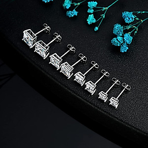 4 Pairs 925 Sterling Silver Square Stud Earring Set, 18K White Gold Plated Princess Cut Clear Cubic Zirconia Hypoallergenic Earrings Pack for Women and Men