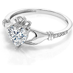 VINSON 14K White Gold Plated Silver Created Solitaire Irish Celtic Claddagh Ring Forever Brilliant Heart Shape 0.80cttw Moissanite (8.5)