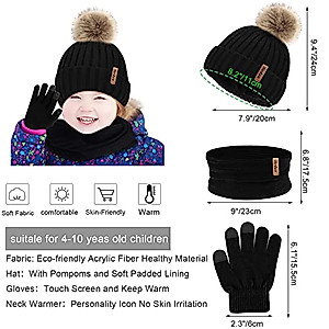 Hicdaw Kids Winter Hats Gloves Scarf Set Warm Knitted Touchscreen Gloves Toddlers Baby Beanie Hat with Fur Poms for Boy Girl, Black