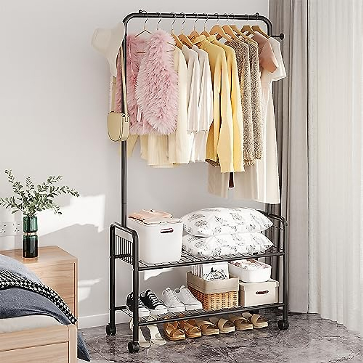 JIUYOTREE Rolling Clothes Rack 35.4 Inches Freestanding Metal Clothing Rack with 2-Tier Storage Racks Garment Coat Rack with Wheels for Clothes Shoes Hats Bags Black