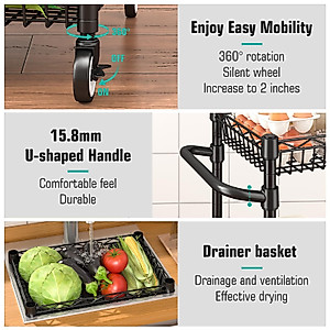 YASONIC 3 Tier Metal Rolling Cart, Kitchen Cart with Adjustable Shelves, Heavy Duty Utility Cart with Lockable Wheels, Multifunctional Rustproof Storage Cart, Bathroom Organizer Cart, Black