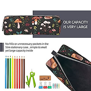 Ykklima Leather Pencil Case - Mushroom Snails Butterfly Flower Pattern, Stationery Bag Pen Organizer Makeup Cosmetic Holder Pouch for School Work Office College