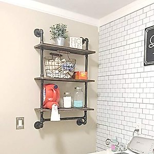 Ucared Vintage Industrial Pipe Bathroom Shelves Wall Mounted, 3-Tier 24" Rustic Wall Shelf with Bath Towel Bars,Farmhouse Towel Rack,Metal & Wooden Floating Shelves,Over The Toilet Storage Shelf