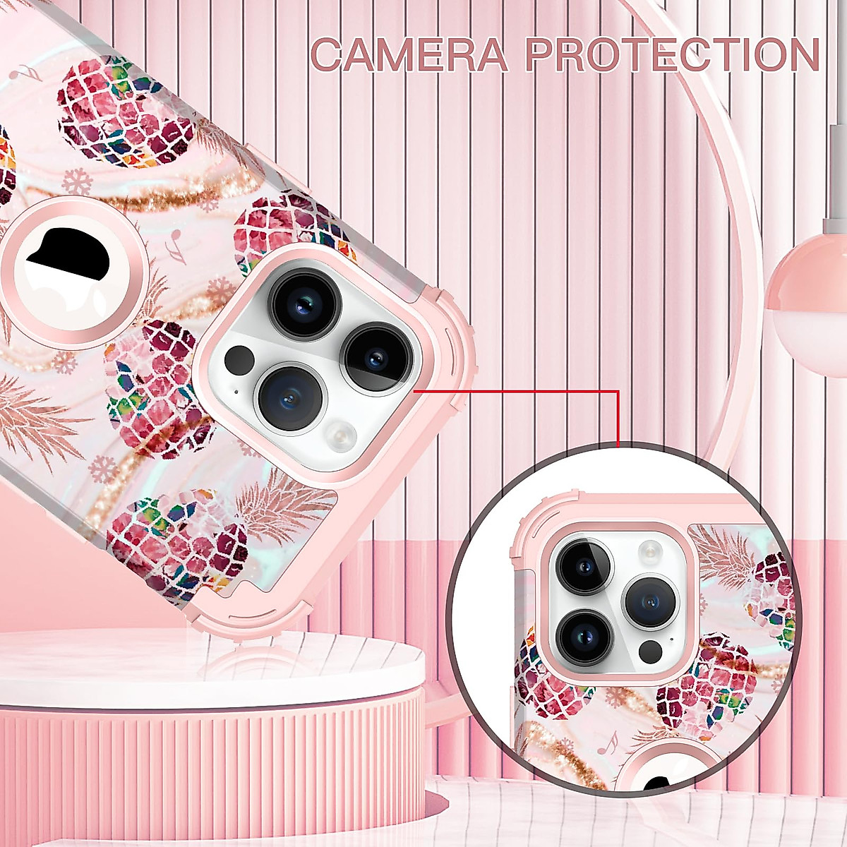 LONTECT for iPhone 14 Pro Max Case Shockproof 3 in 1 Heavy Duty Rugged Durable Protective Cover Hard Plastic Bumper +Soft Silicone Rubber Case for iPhone 14 Pro Max,Pineapple/Rose Gold