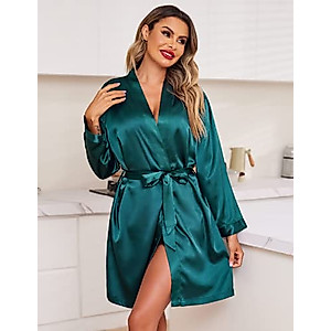 Ekouaer Womens Sleepwear with Robe 3Pcs Satin Silky Pajama Set Sexy Floral Lace Trim Sleepwear Dark Green