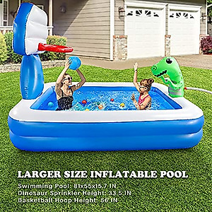 Inflatable Pool, Kiddie Pool with Basketball Hoop and Dinosaur Sprinkler, Swimming Pool for Kids Boys Girls Age 3+ Year Old, Kid Pool for Backyard Water Party
