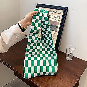 Checker Black & White Checkered Checkboard Knit Tote Bag (Green White), Women Ribbed Market Bag, Fun Style Knitted Tote