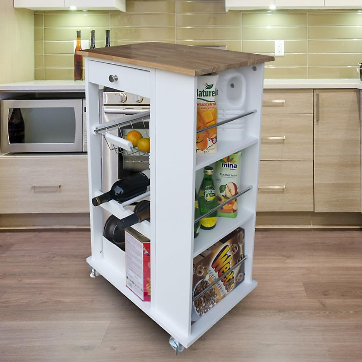 Kitchen Island Cart with Wood Top, Mobile Carts with Storage Shelf, Rolling Kitchen Table with Spice Rack, Service Cart Bar Table with Wine Rack, Small Basket and Drawer, Portable Islands on Wheels