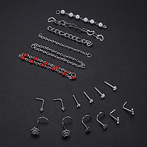 TEN MIRO Nose Chain Piercing Across Nose Surgical Steel Nostril Piercing Jewelry CZ L Shaped Nose Studs and Heart Chain 20g Nose Chain Piercing for Women(3.8MM)