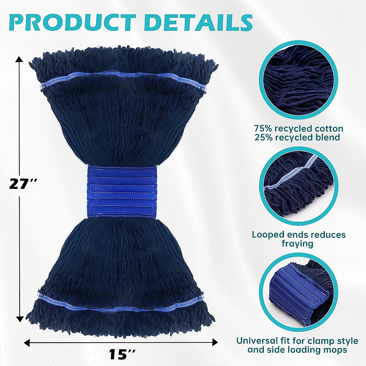 3 Pack Heavy Duty Commercial Mop Head Replacement for Floor Cleaning, Wet Industrial Cotton Looped End String Cleaning Mop Head Refill for Home/Industrial/Commercial Cleaning (Blue)