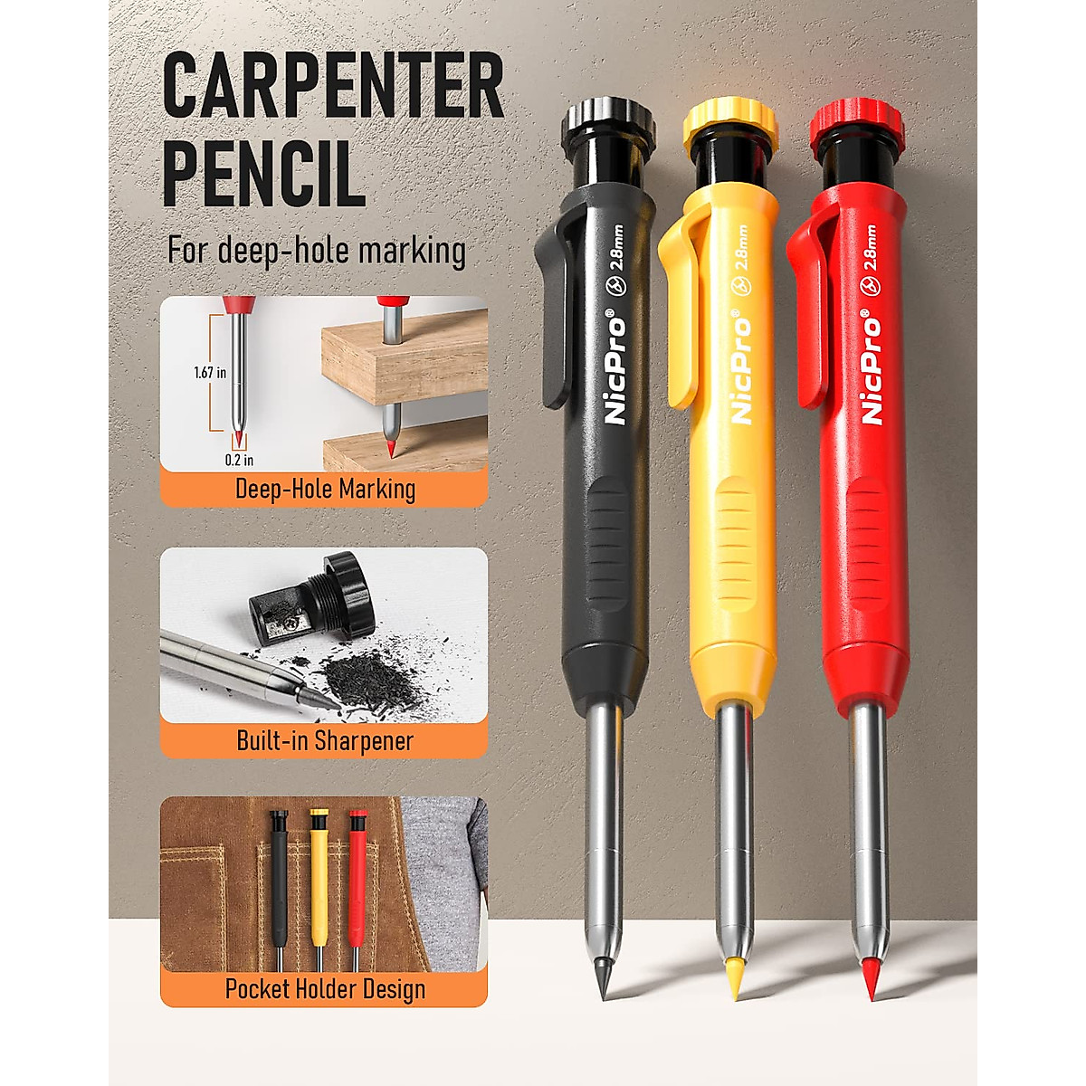 Nicpro 3 Pack Carpenter Pencil with Sharpener & Cap, Mechanical Carpenter Pencils with 39 Refills (Red, Black, Yellow), Deep Hole Marker Construction Heavy Duty Woodworking Pencils - With Case