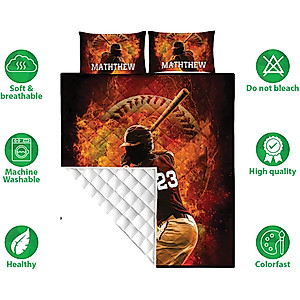 COZZBED Custom Flame Baseballer Quilt Set with Your Name, Baseball Bedding King Queen Twin Throw, Boys Baseball Comforter Set, Super Soft Lightweight All Season Baseball Blanket Bedspreads