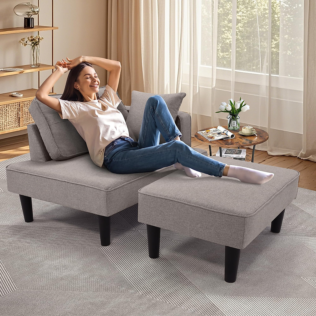 SEJOV Recliner Sofa Bed, Convertible Small Sectional Couches for Living Room, Sofa Cama moderno with Chaise & 2 Pillow, Small Couches for Small Spaces, Apartment, Dorm, Linen, Brown Grey