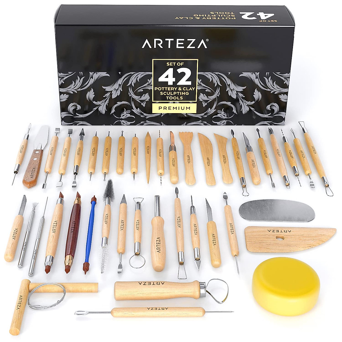 ARTEZA Pottery & Polymer Clay Tools, 42-Piece Sculpting Set, Steel Tip Tools with Wooden Handles, for Pottery Modeling, Smoothing, Carving & Ceramics