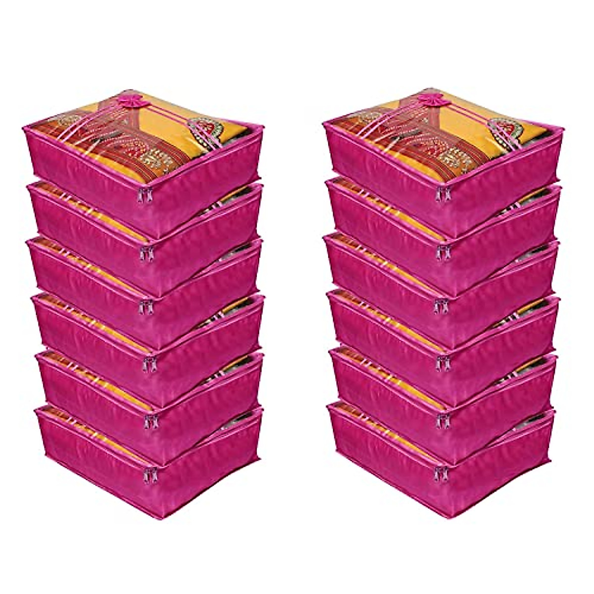 atorakushon 12 Piece Fabric Satin Saree Cover Clothes Storage Bags Set With Transparent Window Extra Large Wardrobe Garments Organizers (Purple)
