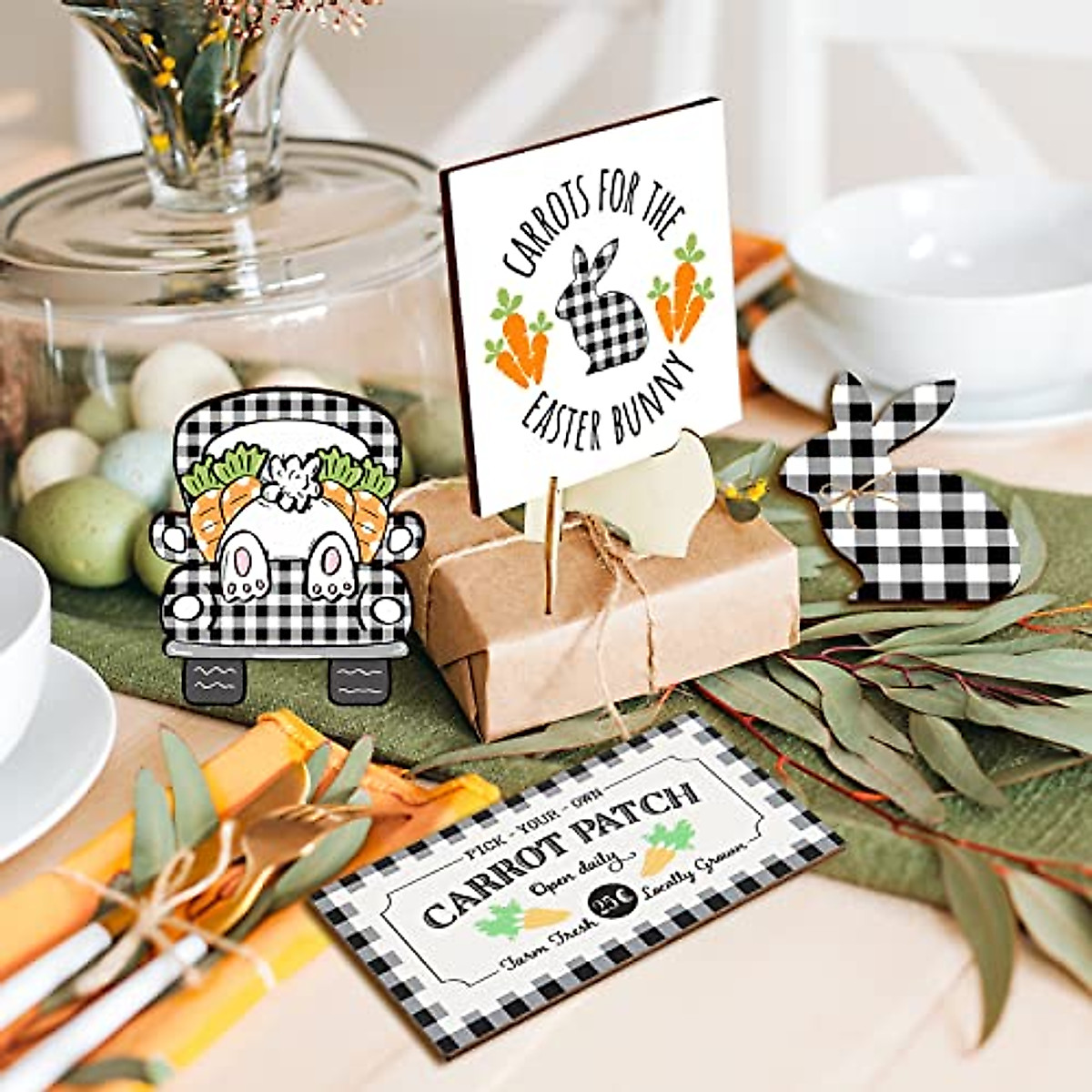 10 Pcs Easter Tiered Tray Decor- Carrot Bunny Wood Sign Decoration Rustic Farmhouse Easter Table Decor with 2 Pcs Small Stand for Home Kitchen Living Room, Dining Table, Easter Party Desk