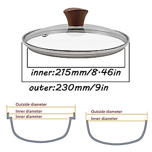 LC LICTOP 9" Tempered Glass Lid 304 Stainless Steel Rim Cookware Cover Replacement for 9-Inch Pan or Pot (Heat Resistant Bakelite Knob)