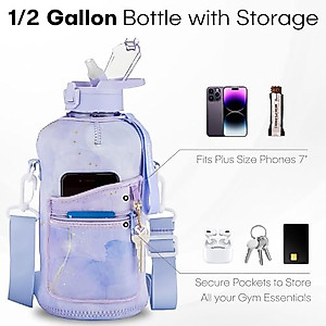 HYDRARANK Half Gallon Water Bottle with Sleeve - BPA Free Gym Water Bottle with Straw and Spout Lid - Leak Proof - Reusable Large Water Jug with Strap, Handle for Daily Hydration (74 Ounce)