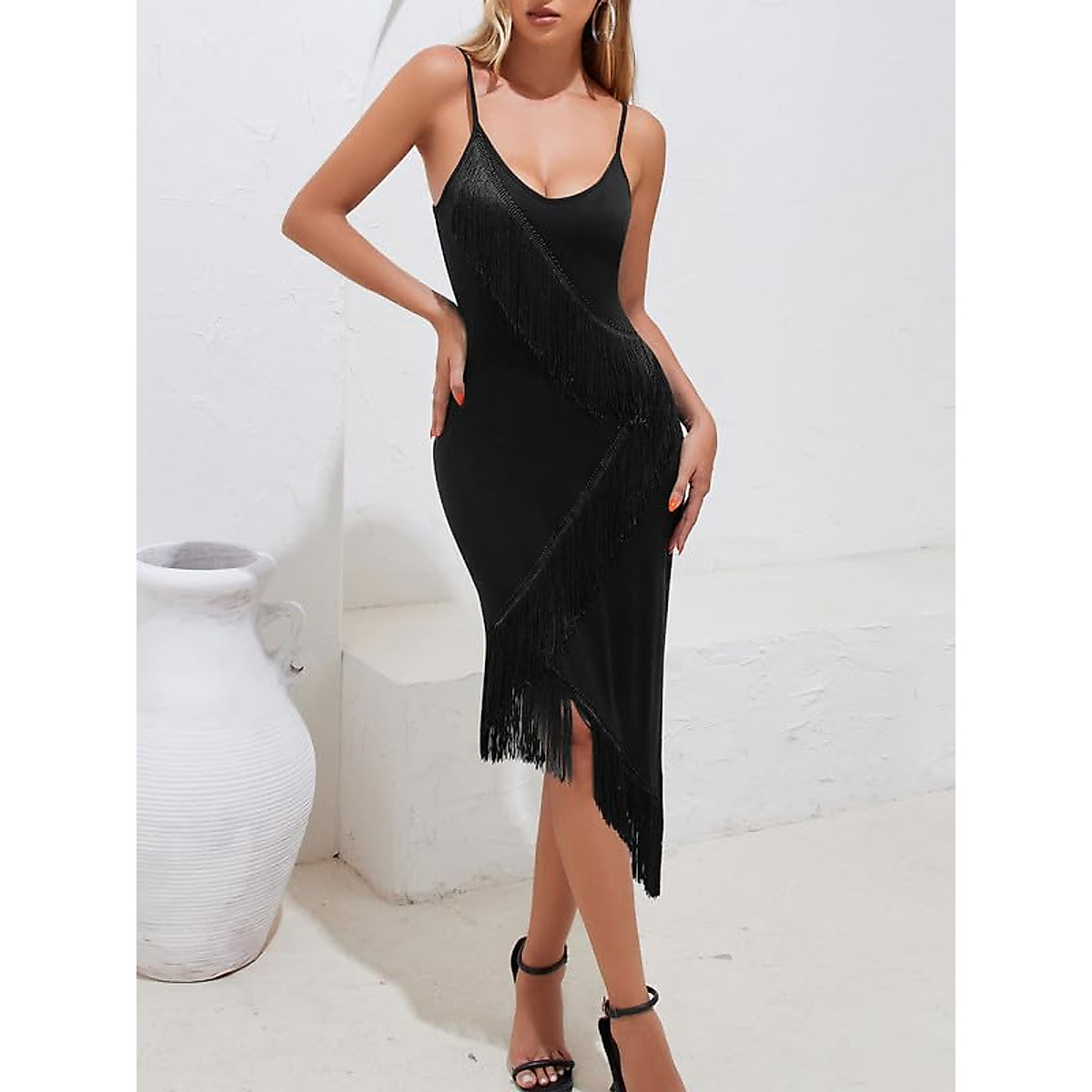 ZAFUL Women Spaghetti Strap Sexy V Neck Fringe Tassels Irregular Hem Slit Bodycon Prom Party Cocktail Formal Dress Black M