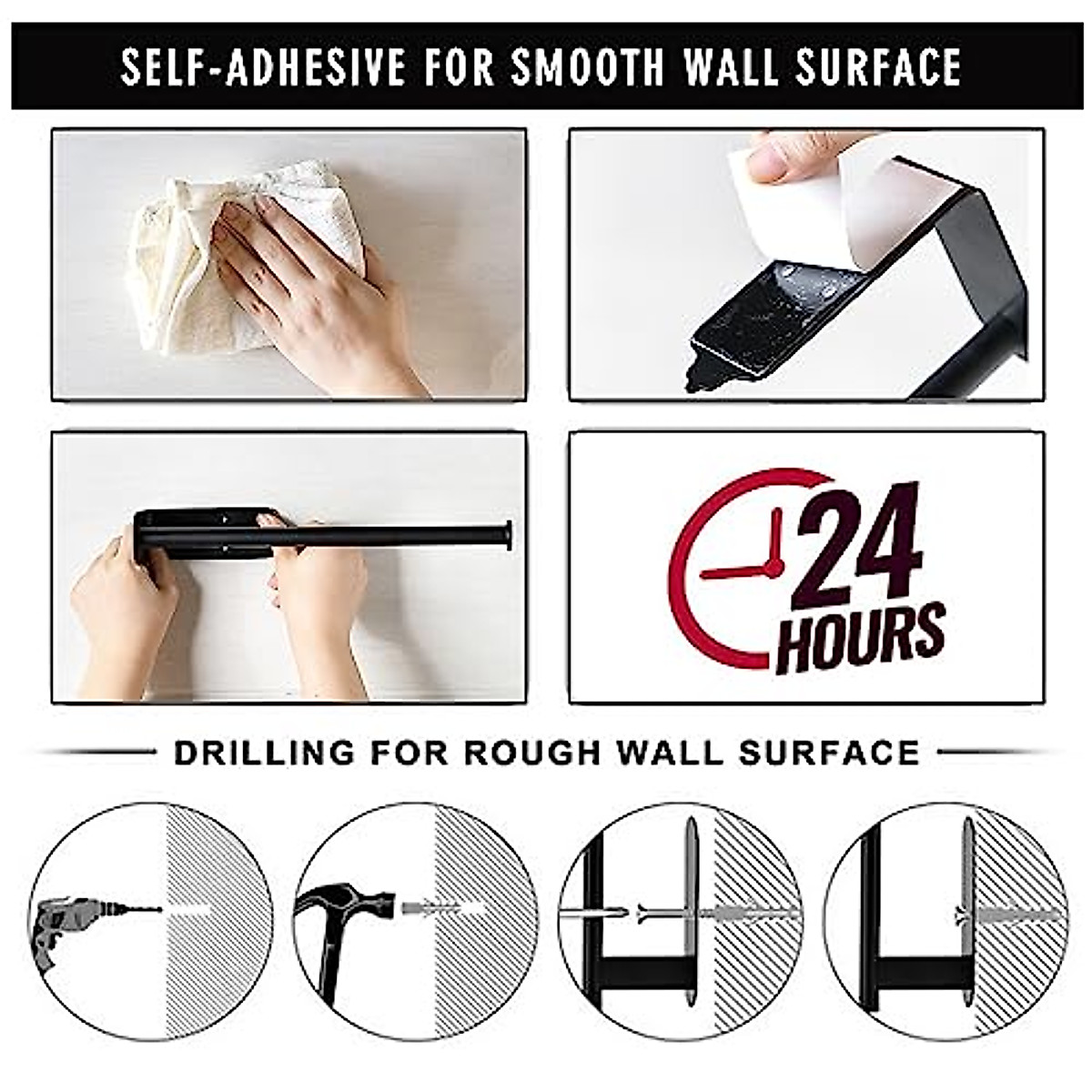 Paper Towel Holders, JJOO Stainless Steel Paper Towel Holder Under Cabinet, Wall Mount Hanging Paper Towel Holder for Kitchen, Available for Both Self-Adhesive or Drill mounting (Black)