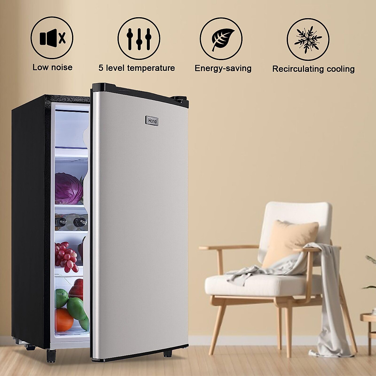 WANAI Mini Fridge 3.2 Cu.ft Single Door Compact Refrigerator with 5 Temp Adjustable Control Energy-efficient, for Home Kitchen Apartment Dorm Office