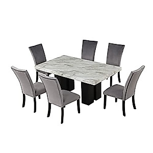 Homsof 7-Piece Set with 1 Faux Marble Dining Rectangular Table and 6 Upholstered-Seat Chairs, Gray+White 3