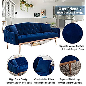 SLEERWAY Velvet Futon Sofa Bed with Two Pillows, Modern Sleeper Sofa Couch with 3 Adjustable Angles, Convertible Loveseat for Living Room and Bedroom, Blue