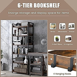 Tangkula 6-Tier Bookshelf, 70” Tall Industrial Bookcase w/Open Shelves & 4 Hooks, Storage Rack w/Metal Frame, Vintage Standing Display Rack for Study Living Room Kitchen (Rustic Brown, 6-Tier)