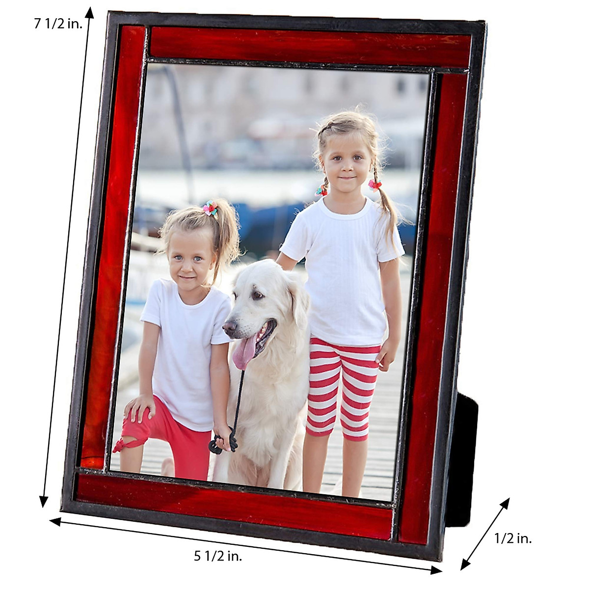 Red Stained Glass Picture Frame for Home Décor, Office, Desk, Table Top 4x6 Photo Horizontal Vertical Easel Back Series J Devlin