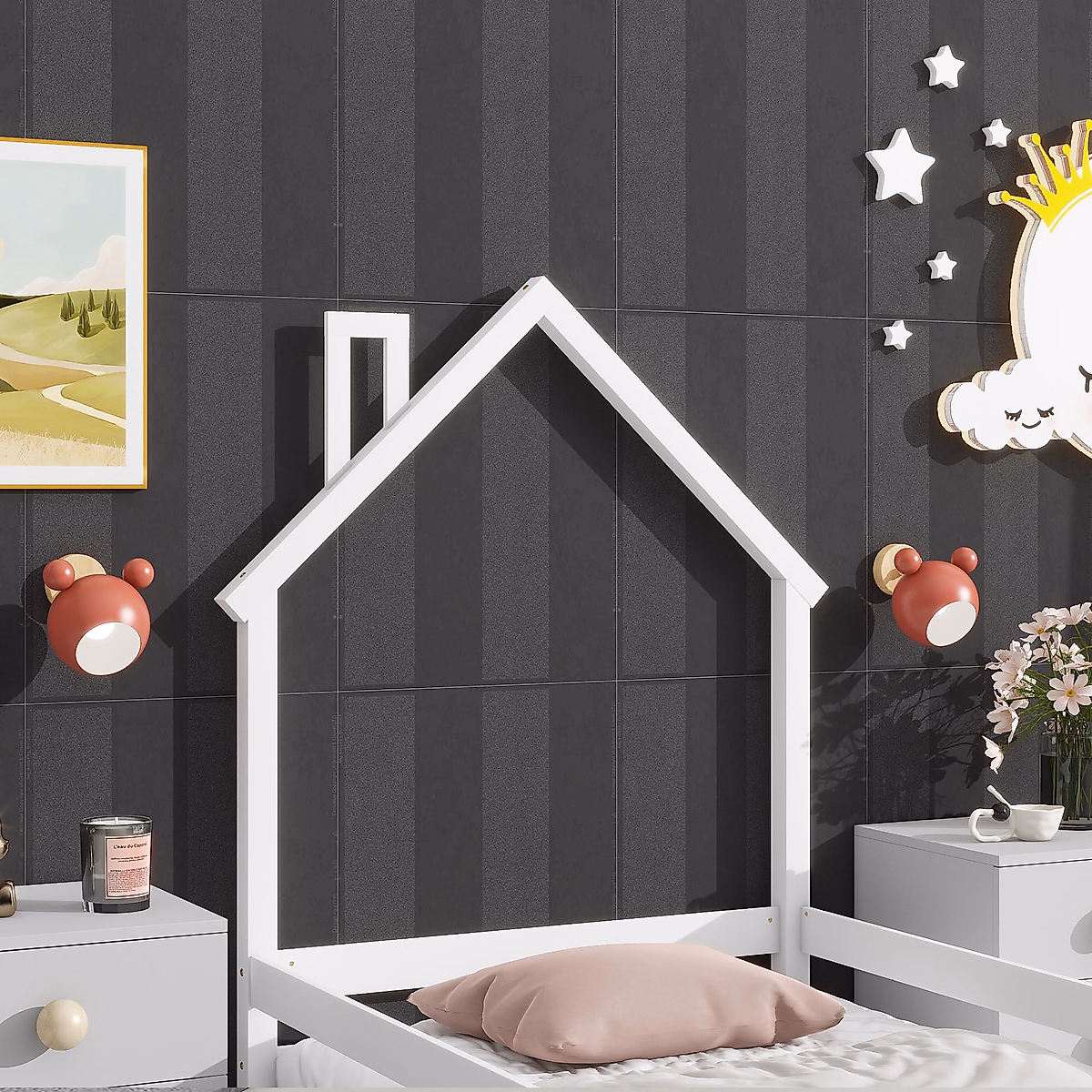 Floor Bed with Rails, Twin Size Montessori Bed with House Shape Headboard and Fence, Wood Floor Bed Frame for Kids Boys Girls, Box Spring Needed, White