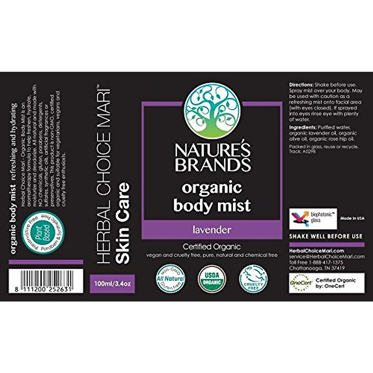 Herbal Choice Mari Organic Body Mist, Lavender; 3.4floz Glass