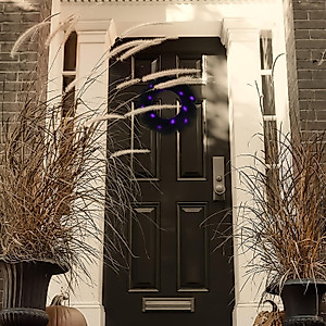 Crowye Halloween Pampas Grass Wreath with Purple Lights 26" Artificial Boho Black Pampas Wreath Large Faux Modern Wreath for Home Birthday Halloween Indoor Outdoor Front Door Party Decor