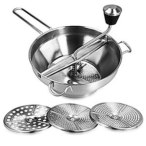 Navaris Stainless Steel Food Mill - Rotary Food Mill Vegetable Strainer Potato Masher Grinder with 3 Milling Discs, 1 Quart Capacity - Dishwasher Safe