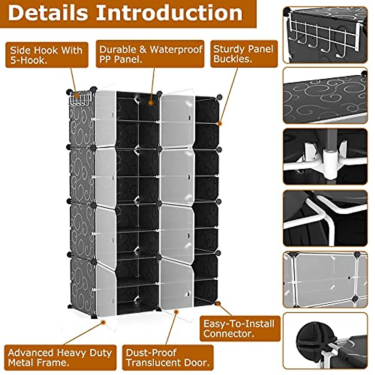 KOCASO 16-Pair Portable Shoe Rack Organizer, 8-Tiers Storage Cabinet, Stand Space-saving Shoe Organizer for Sneakers, Heels, Slippers and Boots, Black shoe cabinet with Translucent Doors