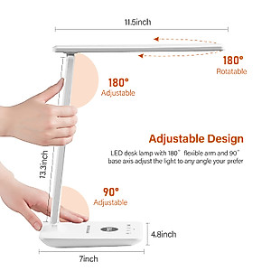 poukaran LED Desk Lamp with Wireless Charger, USB Charging Port, Office Table Lamp with Clock, Alarm, Date, Temperature for Home Office, White