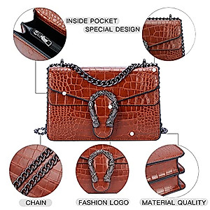 GLOD JORLEE Women's Stylish Chain Strap Crossbody Shoulder satchel Bags -Classic Stone Pattern Crocodile Pattern Leather Square Flap Handbag (Brown)