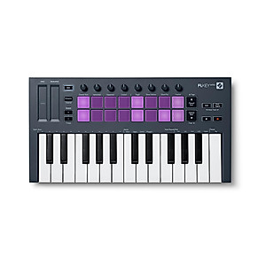 Novation FLkey Mini 25-Key MIDI Keyboard Controller for FL Studio Bundle with 20 Fruity Edition Software (Boxed), Keyboard Piano Style Sustain Pedal (Black) and 4-Port USB 3.0 Hub (4 Items)